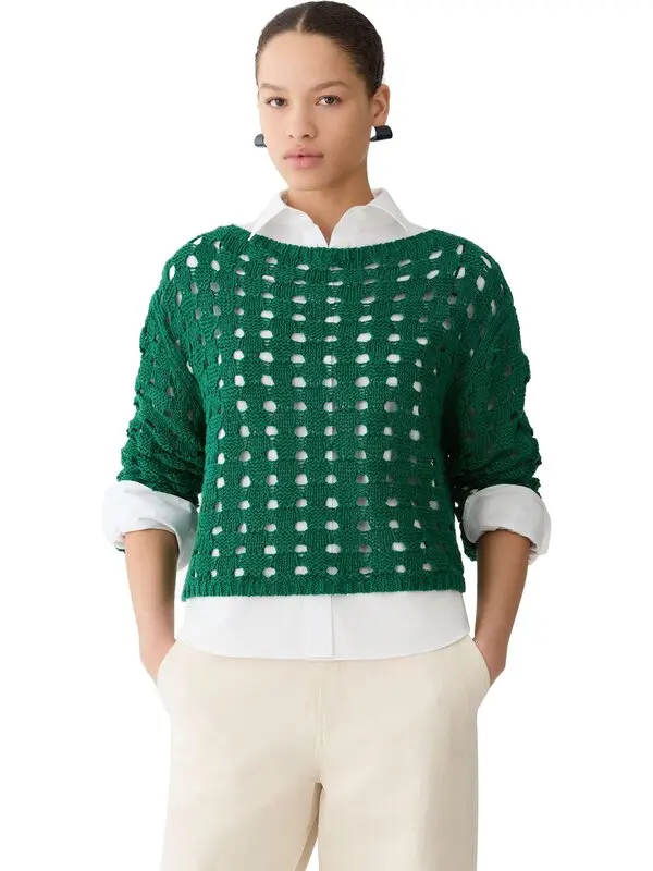 Lafayette 148 New York Linen Silk Open Knit Short Sleeve Sweater - Grass