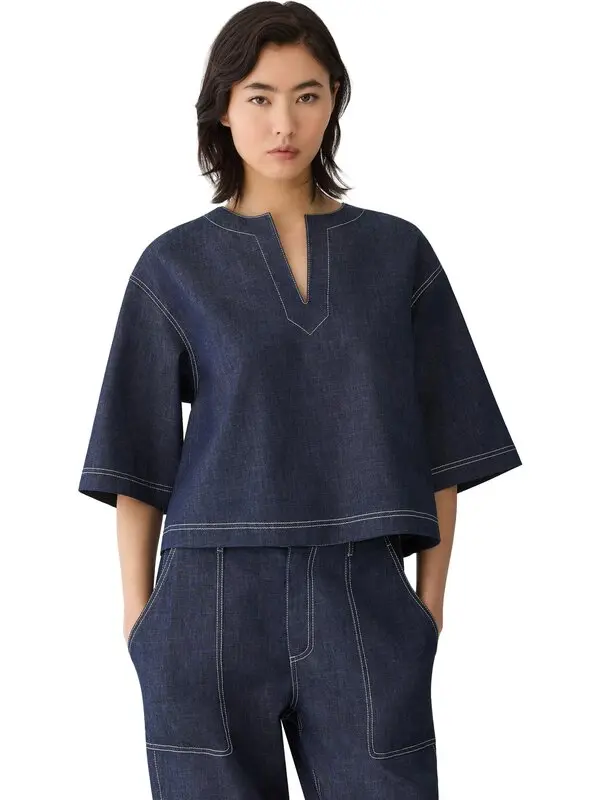 Lafayette 148 New York Chambray Cropped Shirt - Shipyard Indigo