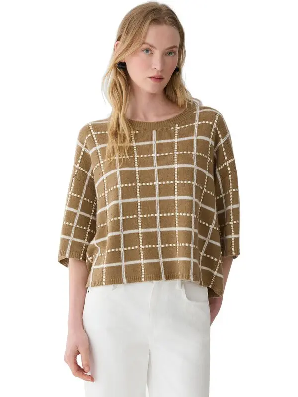Lafayette 148 New York Plaid Cashmere Linen Crewneck Sweater - Cadet Khaki Multi