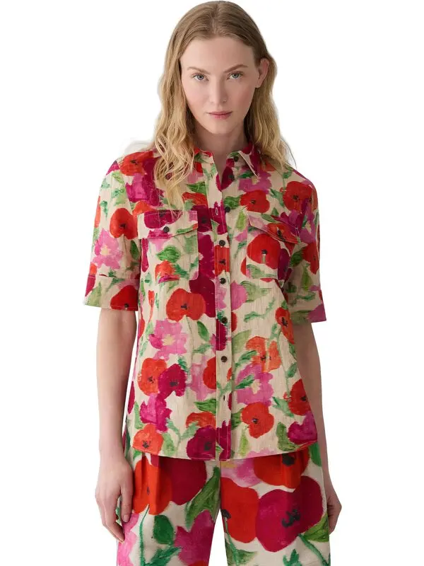 Lafayette 148 New York Blossom Print Organic Linen Shirt - Cadet Khaki Multi