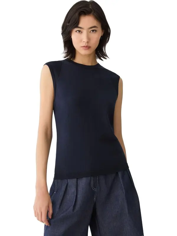 Lafayette 148 New York Fine Cotton-silk Crewneck Shell - Blue Ink