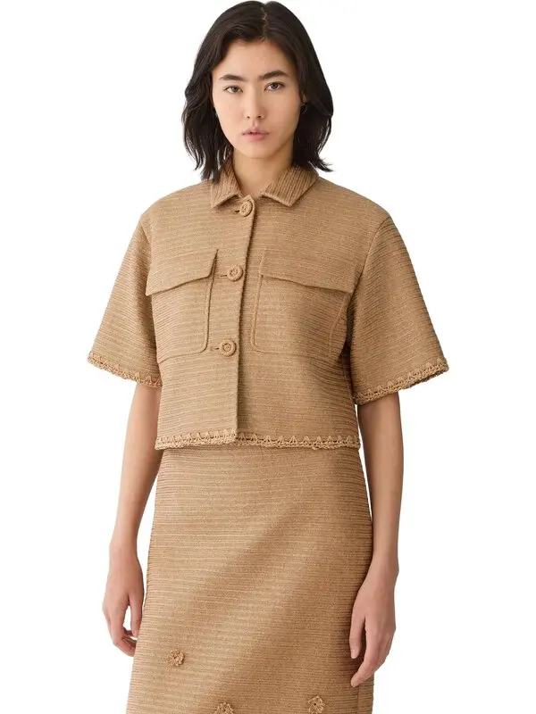Lafayette 148 New York Raffia Effect Floral Embellished Cropped Jacket - Teak