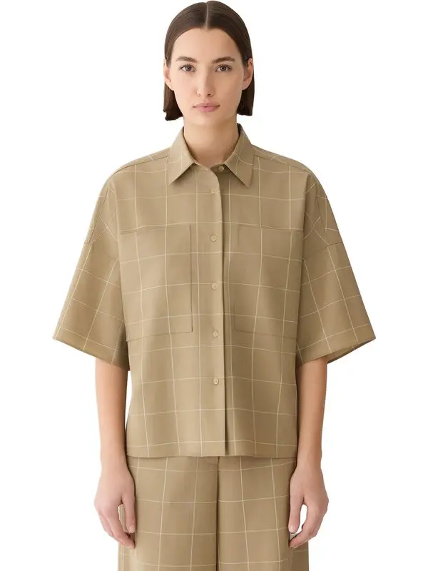 Lafayette 148 New York Plaid Tropical Wool Patch Pocket Shirt - Cadet Khaki Multi
