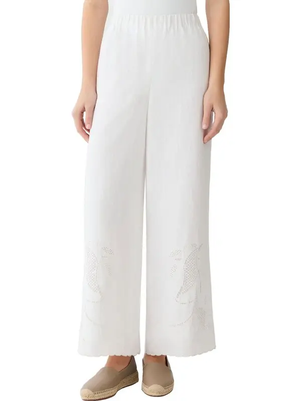 Lafayette 148 New York Organic Linen Embroidered Wide Leg Pant - White