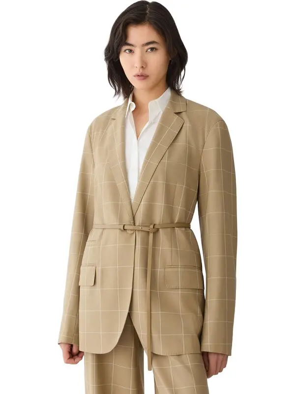 Lafayette 148 New York Plaid Tropical Wool Belted Jacket - Cadet Khaki Multi