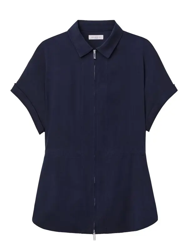 Lafayette 148 New York Organic Silk Georgette Zip Front Blouse - Blue Ink