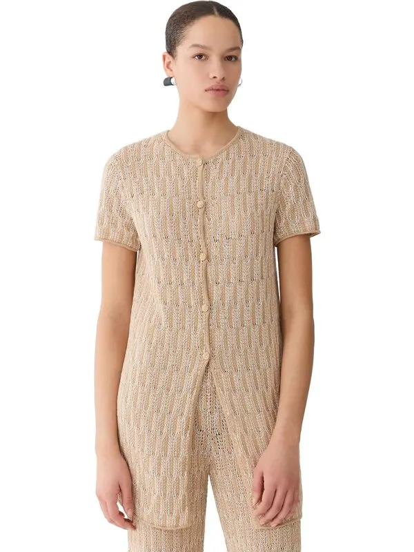 Lafayette 148 New York Fine Cotton Rope Lace Stitch Short Sleeve Cardigan - Natural Multi