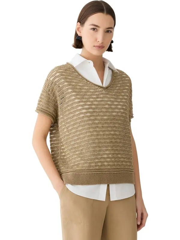 Lafayette 148 New York Metallic Open Knit Short Sleeve Sweater - Cadet Khaki Metallic