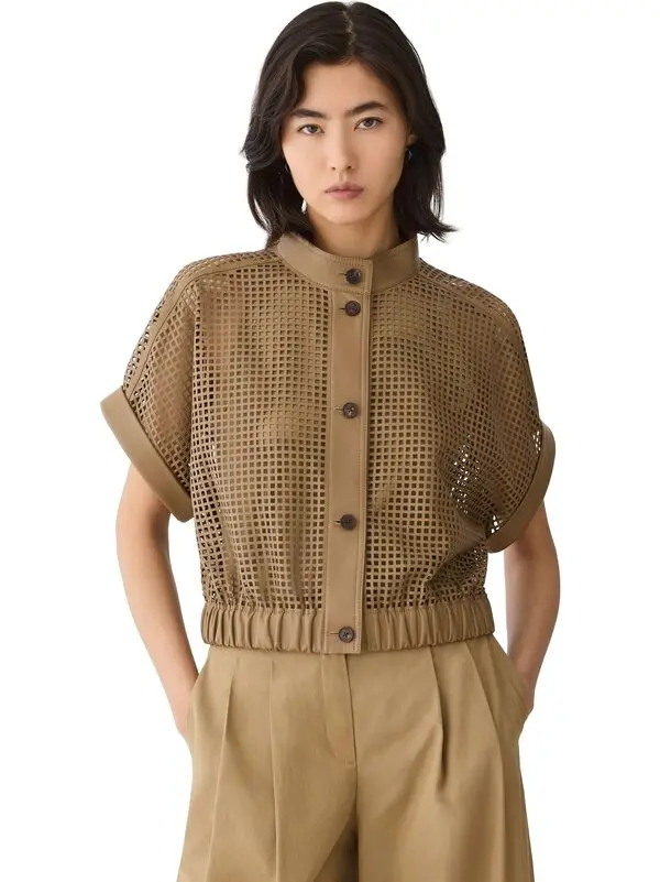 Lafayette 148 New York Grid Cutout Nappa Leather Short Sleeve Jacket - Green Clay