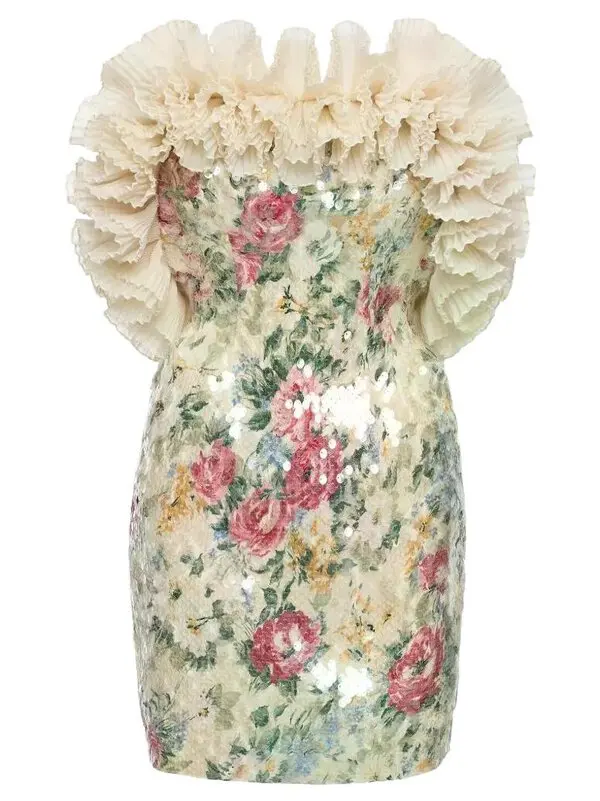 NISSA Ruffled Sequin-embellished Mini Dress - Neutrals