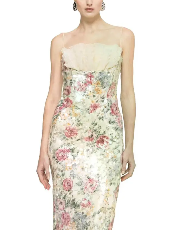 NISSA Sequin-embellished Floral Print Midi Dress - Neutrals