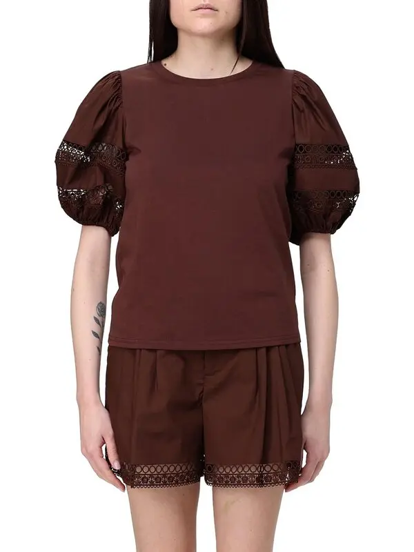 TWINSET Cotton Top With Lace Balloon Sleeves - Coffee