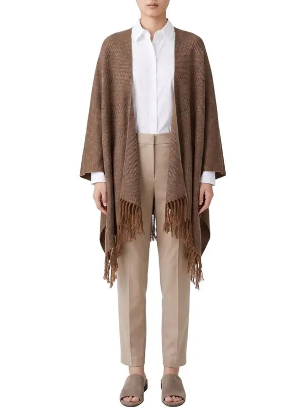 Brunello Cucinelli Textured Knit Poncho With Fringe - Tobacco