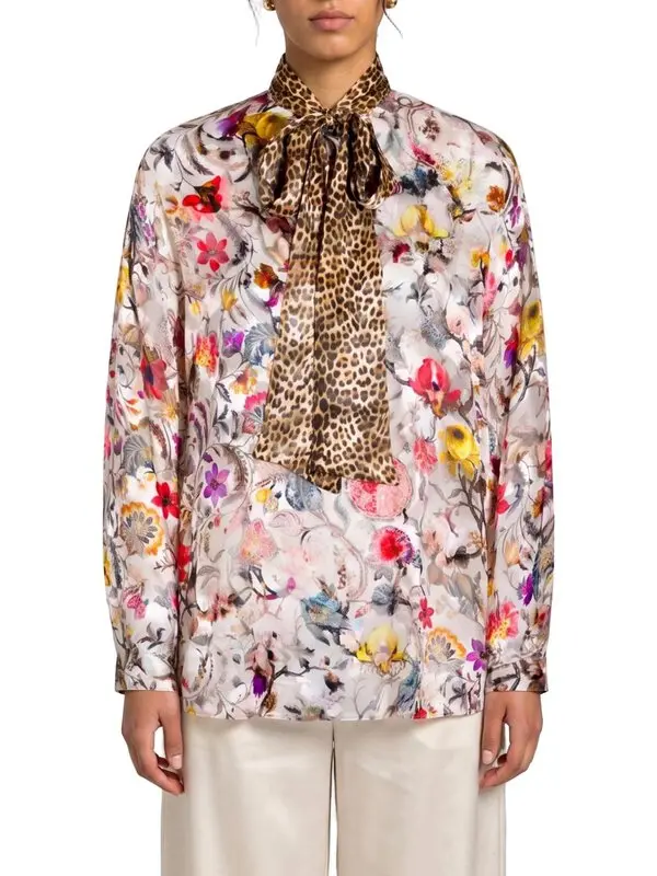 Roberto Cavalli Printed Silk Blend Blouse With Pussy Bow - Beige