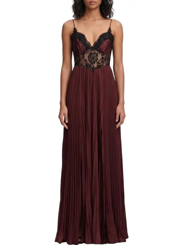 SELF-PORTRAIT Pleated Crêpe Long Dress - Brown