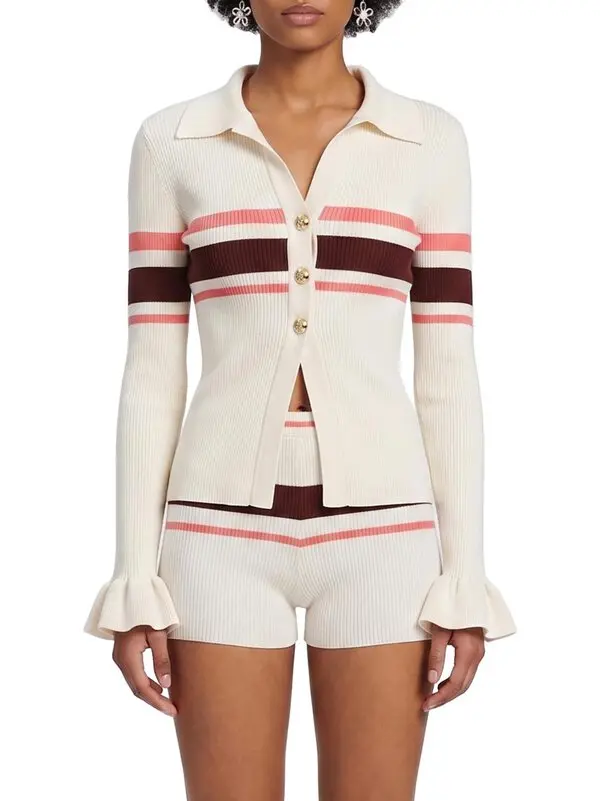 SELF-PORTRAIT Ribbed Knit Sweater With Striped Accents - Yellow Cream