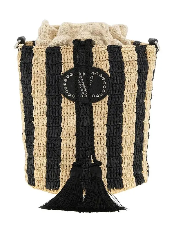 Valentino Garavani Striped Raffia Bucket Bag With Tassel Accents - Black