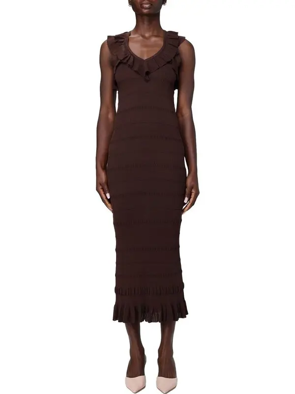 TWINSET Ruffled Knit Midi Dress - Coffee