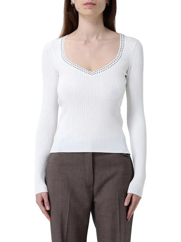 Liu Jo Ribbed V-neck Embellished Sweater - White