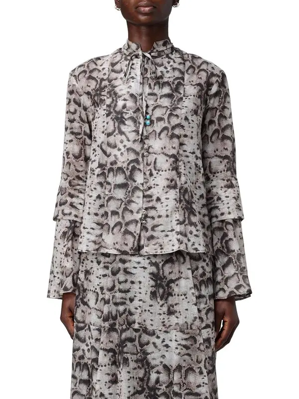 Pinko Printed Button-up Shirt With Tie Neck - Beige