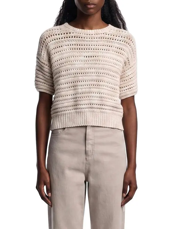 Emporio Armani Perforated Cotton Blend Knit Top With Crew Neck And Button Back - Beige