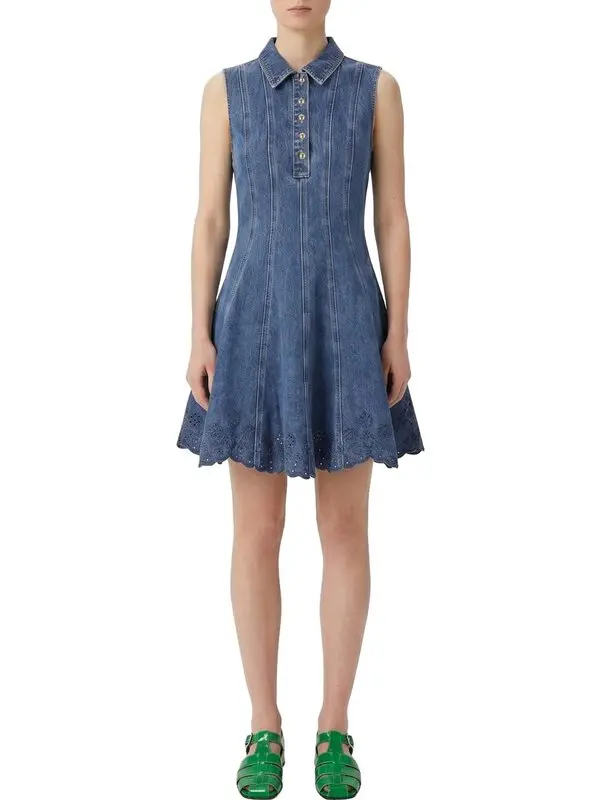 SELF-PORTRAIT Denim Shirt Dress With Scalloped Hem - Blue