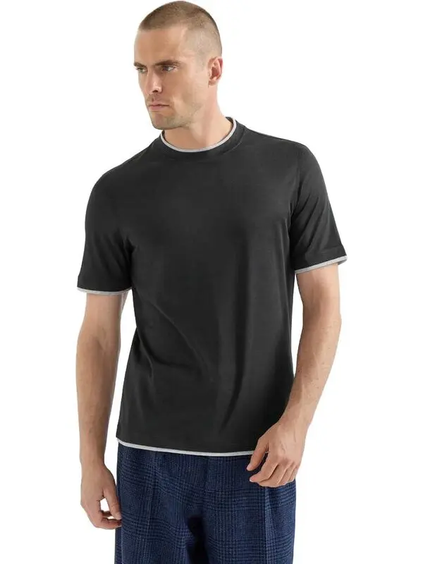 Brunello Cucinelli Silk And Cotton Lightweight Jersey Crew Neck T-shirt With Faux-layering - Black