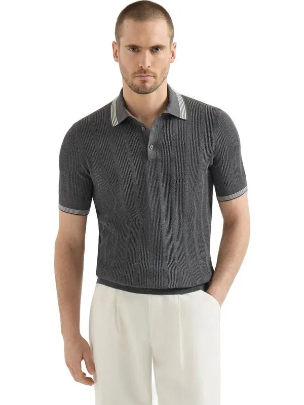 Brunello Cucinelli Cotton Textured Rib Knit Polo - Anthracite