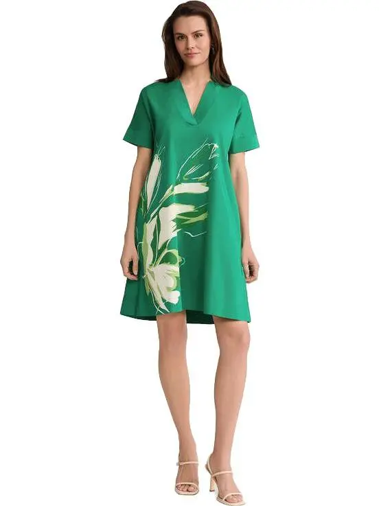 Ming Wang A-line Floral Printed Stretch Cotton Dress - Kelly Green/white