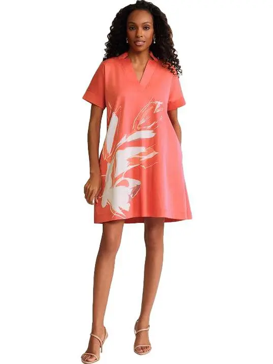 Ming Wang A-line Floral Printed Stretch Cotton Dress - Sunkist Coral/white