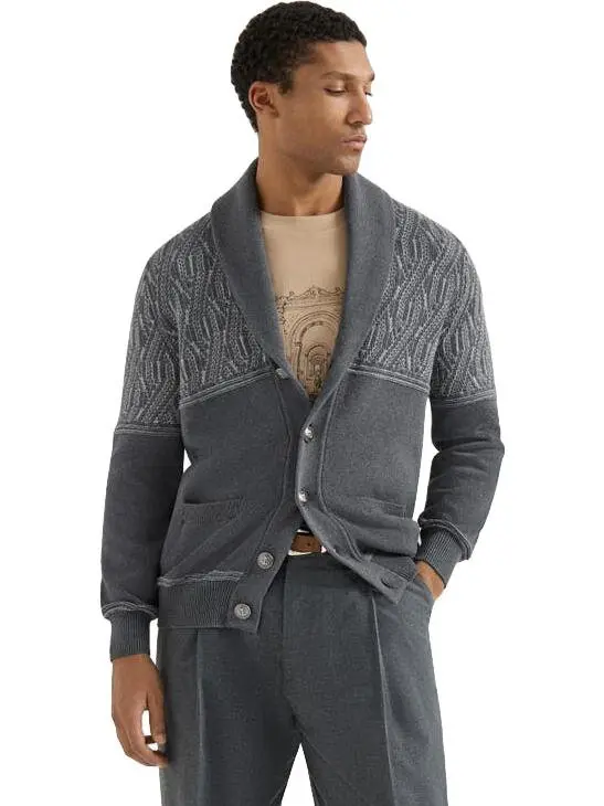 Brunello Cucinelli Cotton Shawl Collar Cardigan With Jacquard Cable Shoulder - Medium Grey