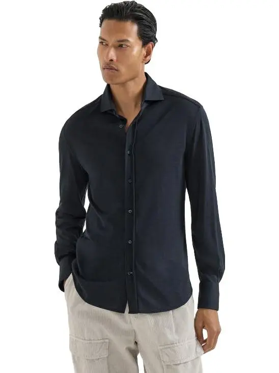 Brunello Cucinelli Silk And Cotton Lightweight Jersey Shirt With Spead Collar - Blue