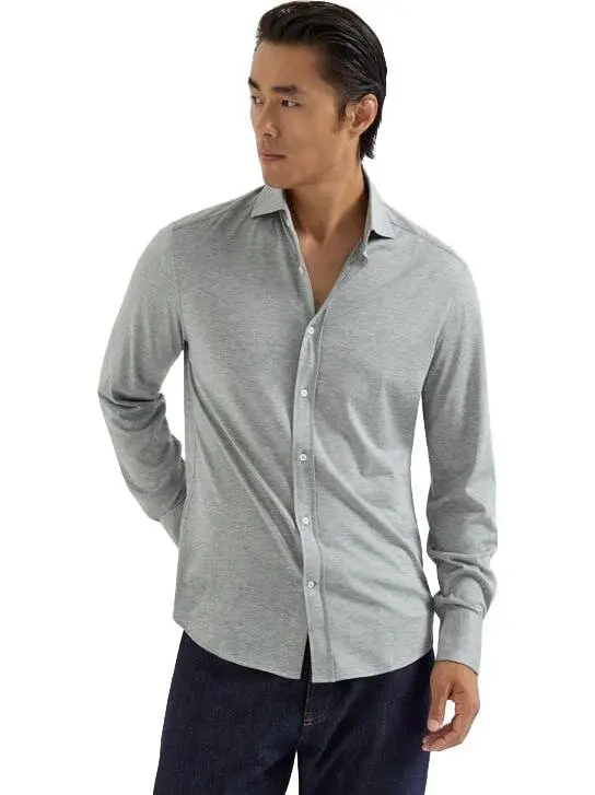 Brunello Cucinelli Silk And Cotton Lightweight Jersey Shirt With Spead Collar - Grey