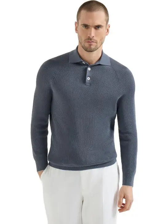 Brunello Cucinelli Cotton English Rib Knit Polo With Long Raglan Sleeves - Lignite