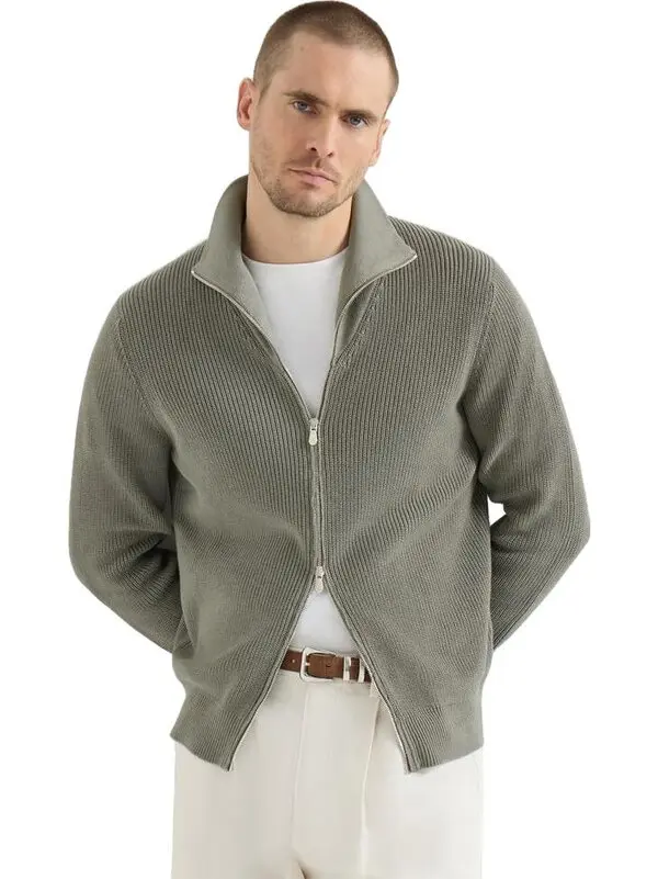 Brunello Cucinelli Half English Rib Knit Cardigan - Military