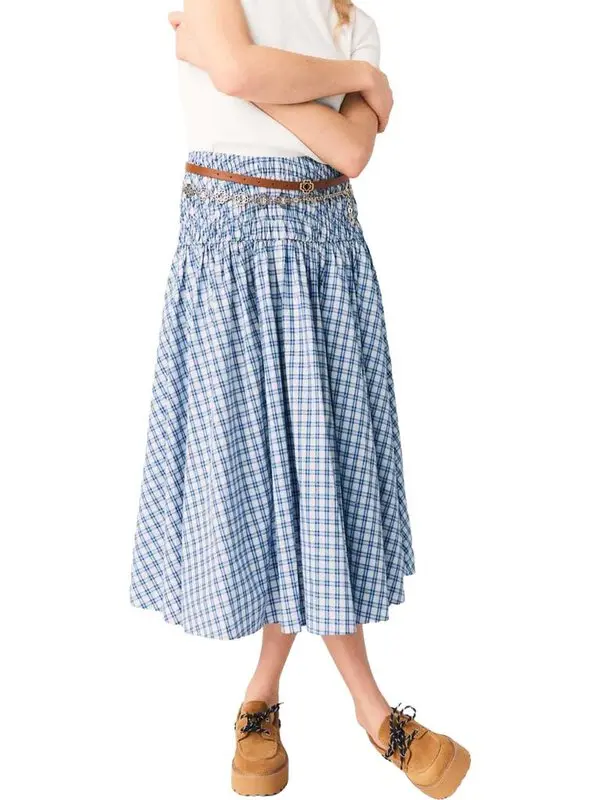 Maje Rhinestone Checked Maxi Skirt - Blue Check Print