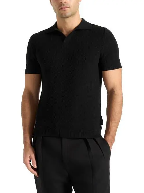 Manière De Voir Rowen Textured Knit Revere Polo Shirt - Black