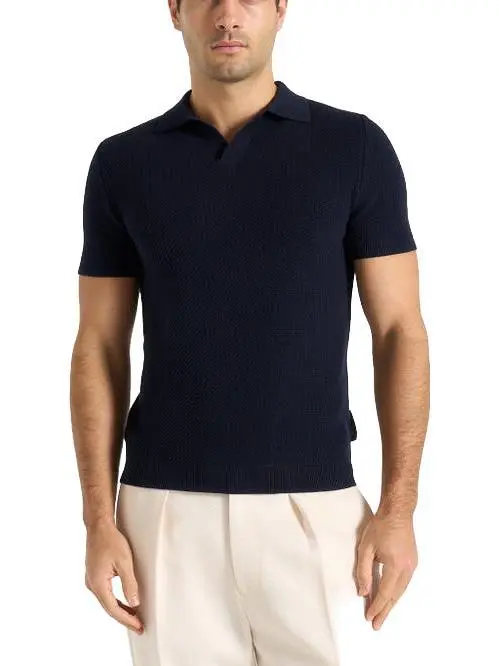 Manière De Voir Rowen Textured Knit Revere Polo Shirt - Navy