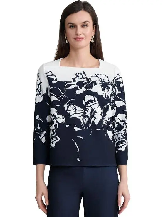 Ming Wang Floral Print Stretch Deco Crepe Blouse - Indigo/white