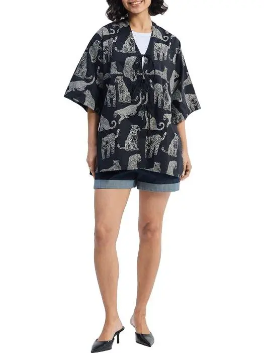 REISTOR Oversized Animal Print Shirt With Front Tie Detail - Black