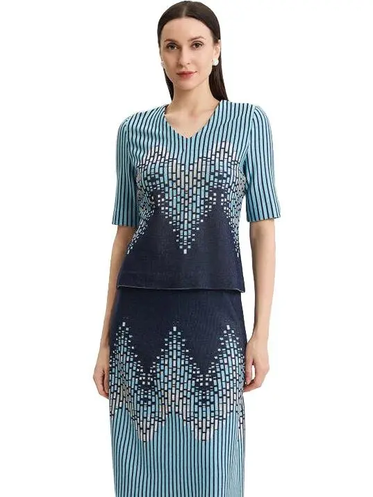 Ming Wang Linear Ombre Knit Top - Indigo/limestone/serene/white