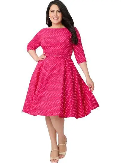 Unique Vintage Three Quarter Sleeve Devon Swing Dress - Pink W/white Pindot