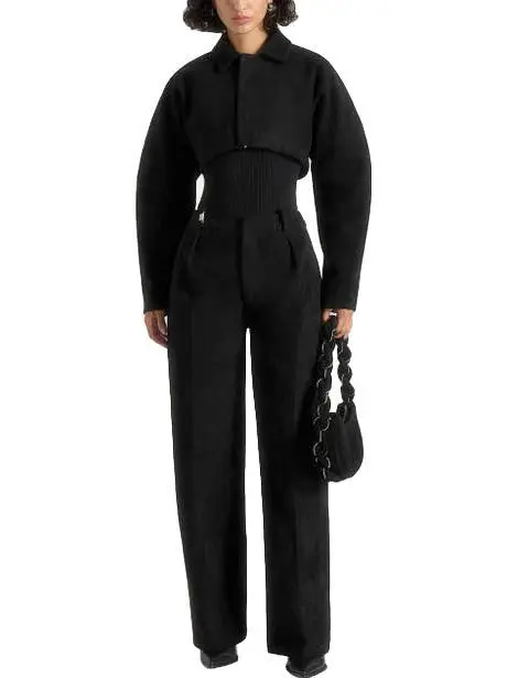 Manière De Voir Solene Suede Wide Leg Pleated Trousers - Black