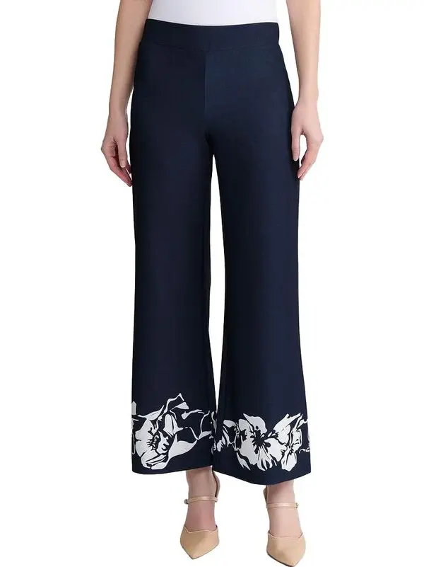 Ming Wang Stretch Deco Crepe Floral Print Wide-leg Pants - Indigo/white