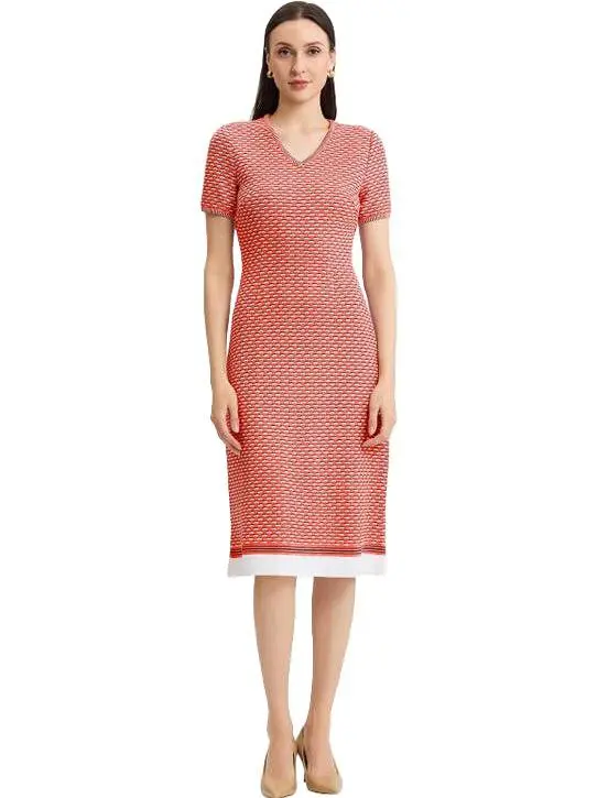 Ming Wang A-line Textured Multi-stitch Midi Dress - Sunkist Coral/white/indigo