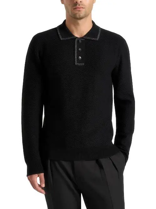 Manière De Voir Aymeric Whipstitch Detail Long Sleeve Knit Polo Shirt - Black