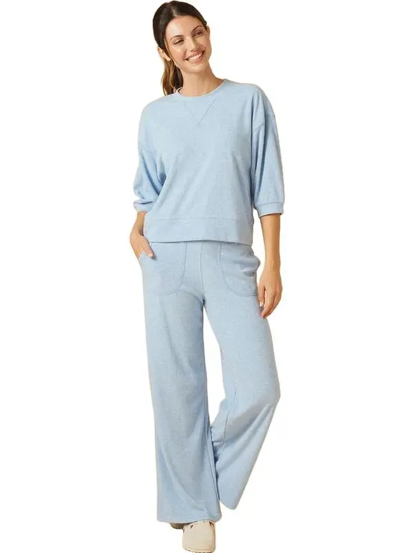 SOFTIES Terry Cropped Sleeve Crew Neck With Wide Leg Pant - Heather Sky Blue
