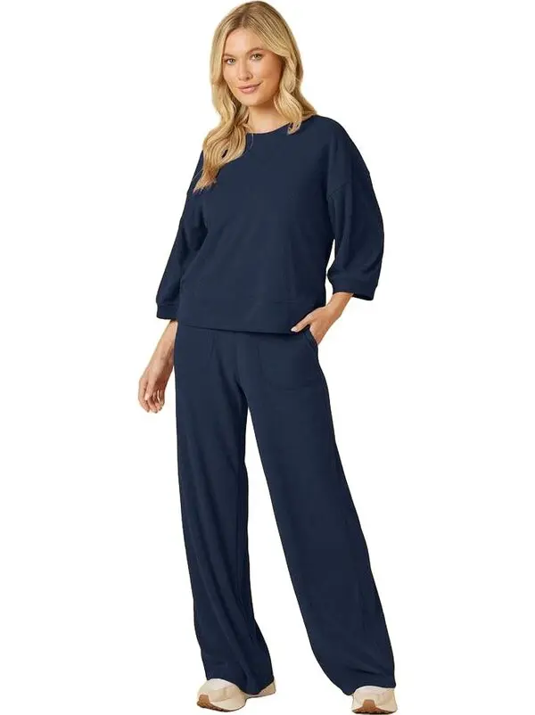 SOFTIES Terry Cropped Sleeve Crew Neck With Wide Leg Pant - Midnight