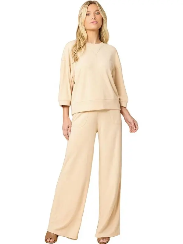 SOFTIES Terry Cropped Sleeve Crew Neck With Wide Leg Pant - Warm Sand
