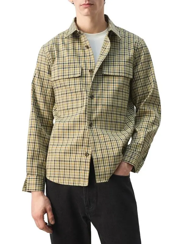 Mango Plaid Print Shirt Jacket - Olive Green